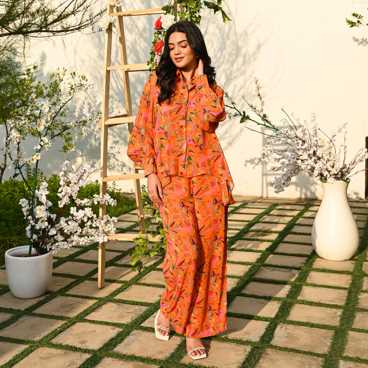 Mandarin Designer Georgette Orange Co-Ord Set For Women Online – Ordinaree