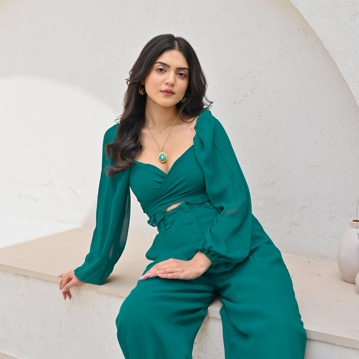 Monty Tides Green Designer Georgette Co-Ord Set For Women Online ...