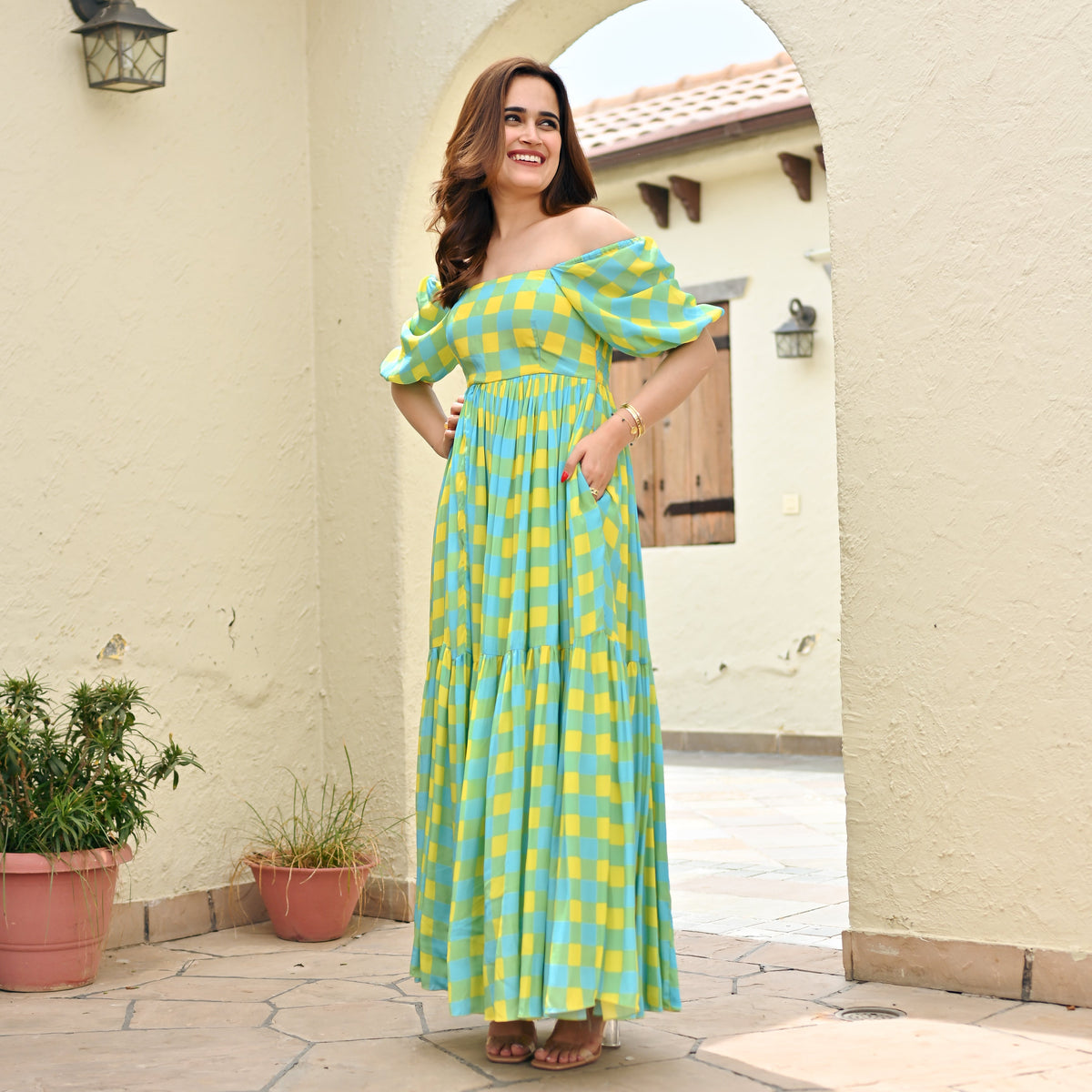 Checkered Flared Long Dress – Ordinaree