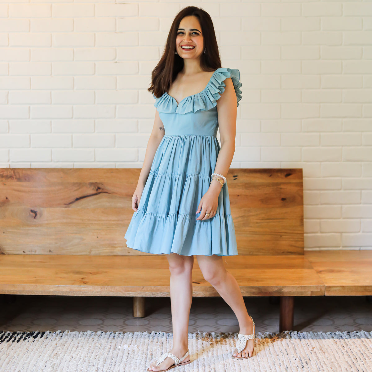 Sterling Designer Cotton Blue Short Tiered Dress For Women Online ...